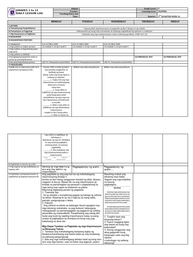 DLL - Filipino 5 - Q2 - W8 | PDF
