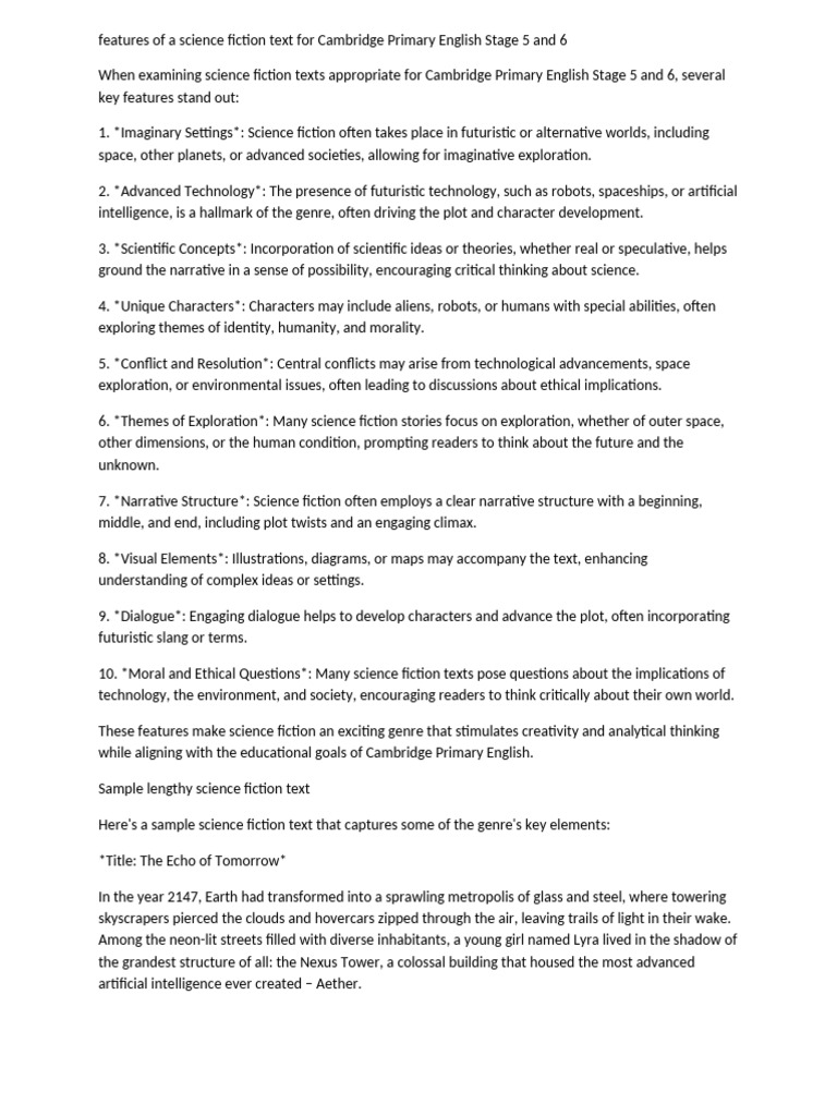 Features of A Science Fiction Text For Cambridge Primary English Stage ...