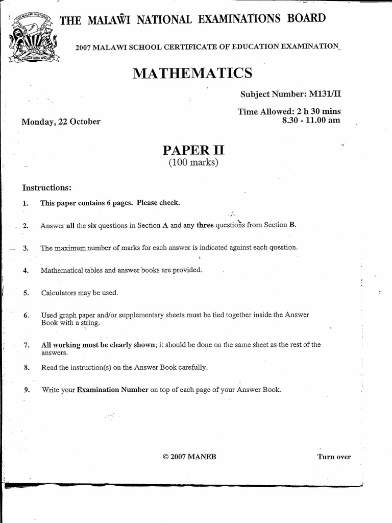 2007msce Math Paper - 1-1 | PDF