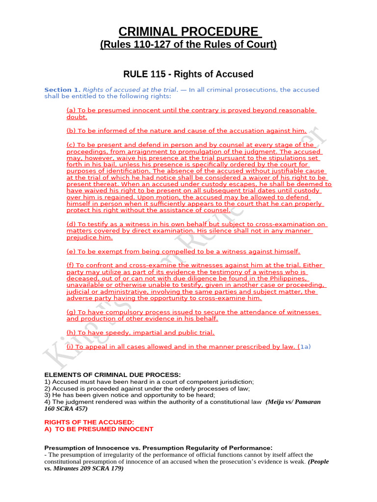 RULE 115 Rights of The Accused | PDF | Witness | Presumption Of Innocence