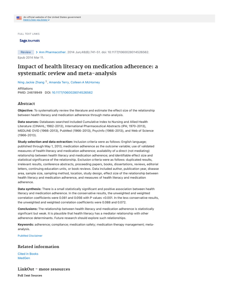 Impact of Health Literacy On Medication Adherence - A Systematic Review and Meta-Analysis ...