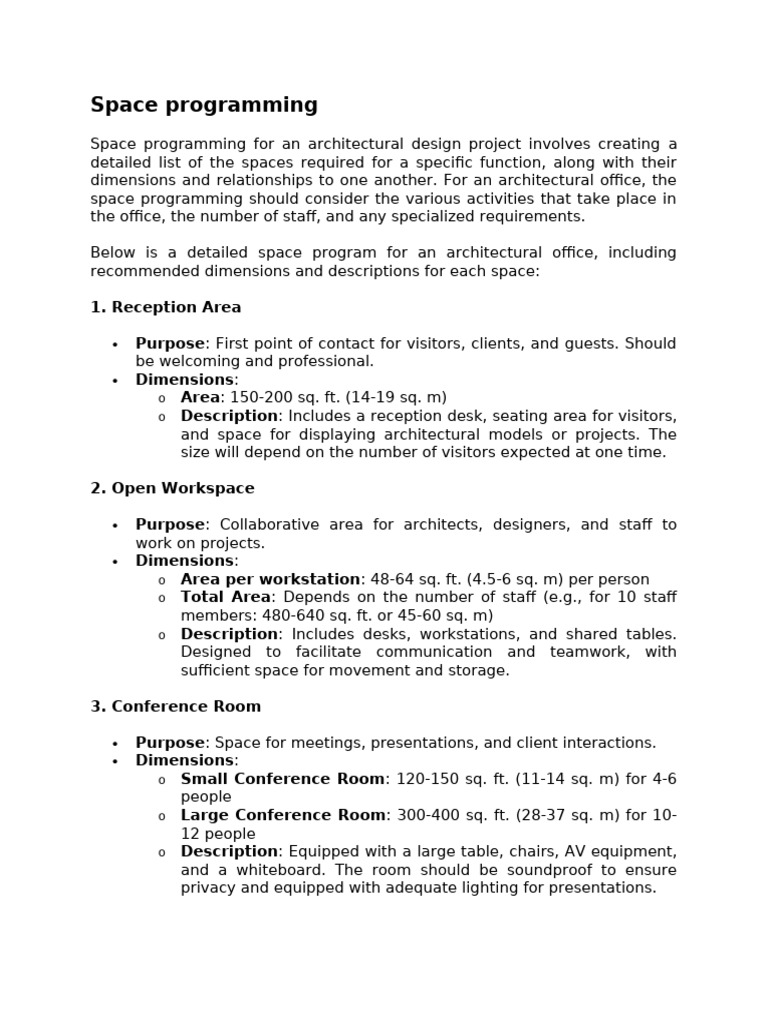Space Programming: 1. Reception Area Purpose Dimensions Area ...