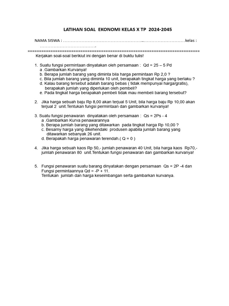 Latihan Soal Ekonomi Kelas X TP 2024 | PDF