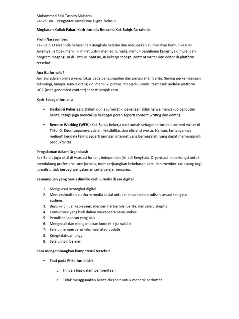 Ringkasan Kuliah Pakar Muhammad Zaki Tasnim Mubarak | PDF