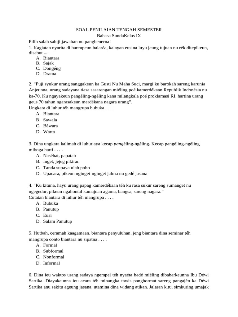 SOAL PTS B.Sunda Kelas IX Ganjil | PDF