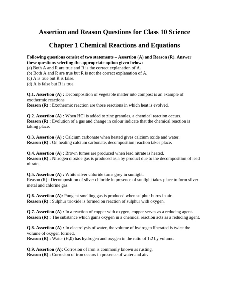 Class 10 Science Assertion-Reason Questions | PDF | Acid | Dominance ...