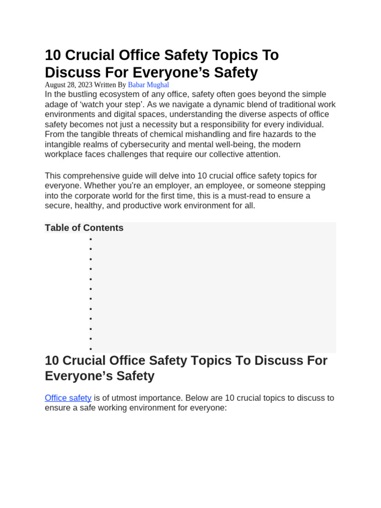 10 Crucial Office Safety Topics To Discuss For Everyone | PDF | First ...