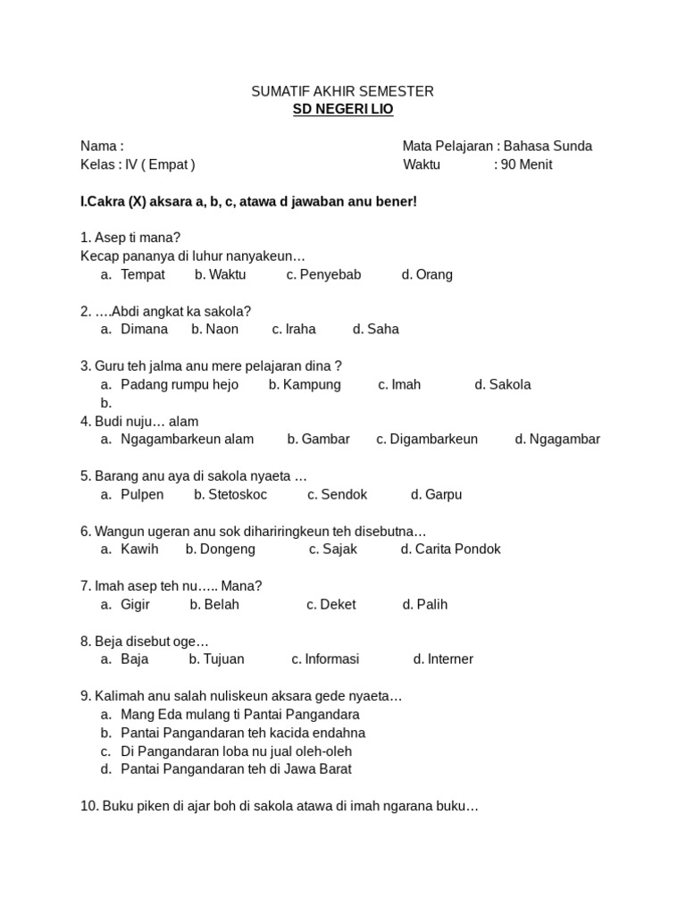Soal B.sunda Kelas 4 | PDF