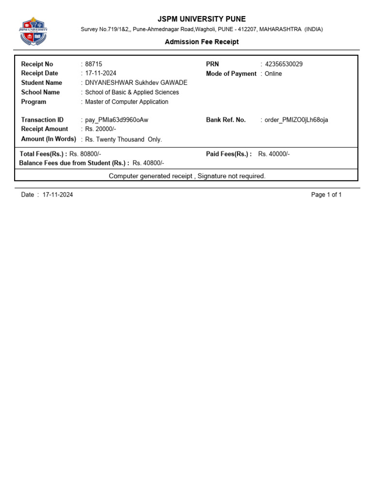 JSPM University Pune: Receipt No Receipt Date Student Name Program PRN Mode of Payment | PDF