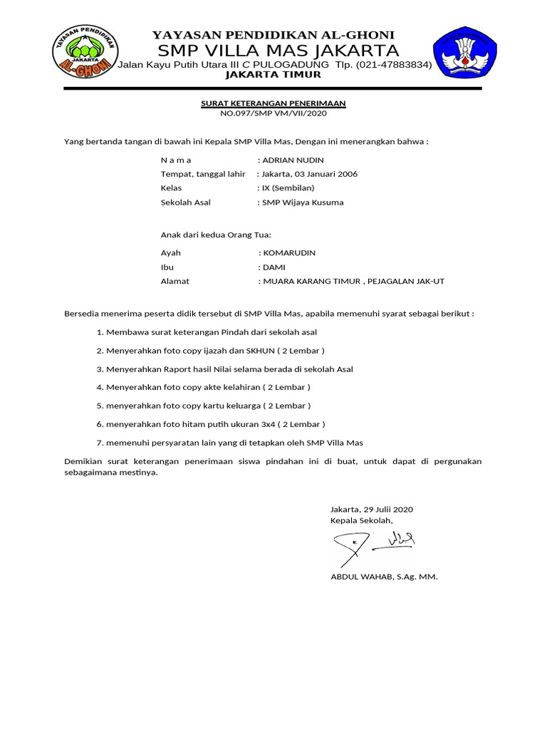 Surat Keterangan Penerimaan Siswa Pindahan | PDF