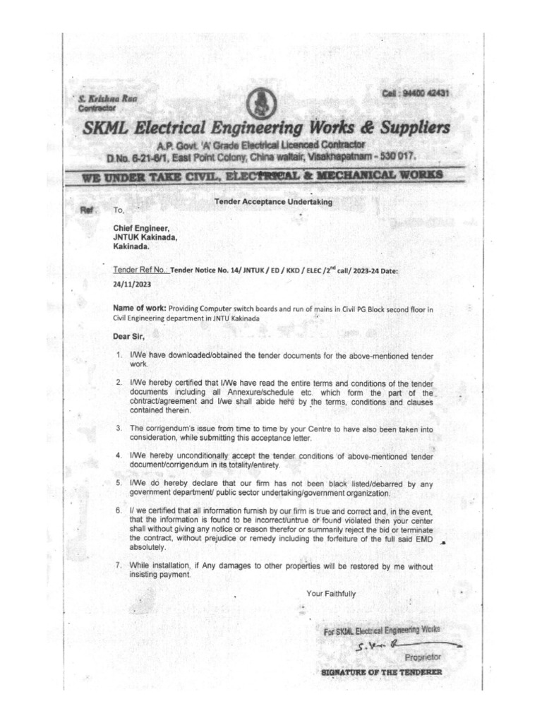 Tender Acceptence Letter | PDF