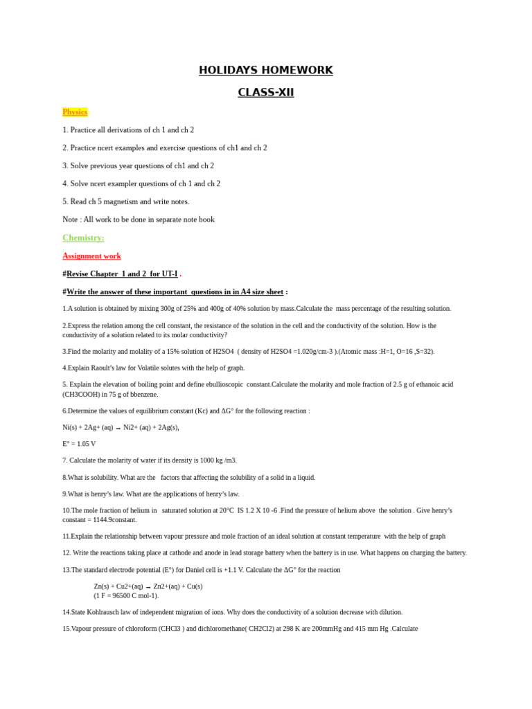 Holidays Homework CLASS-XII | PDF | Physical Chemistry