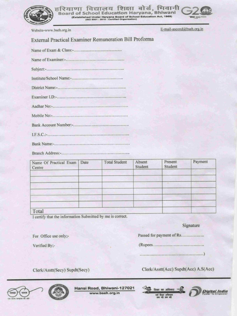 Practical Examiner Bill Proforma | PDF