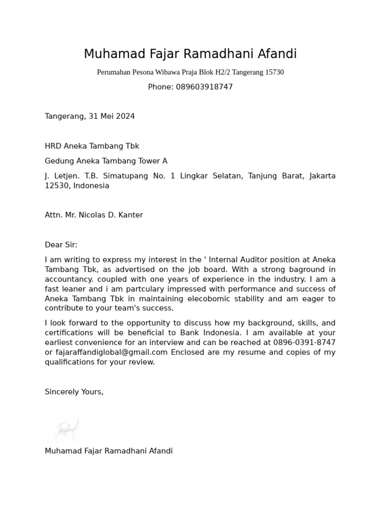 Muhamad Fajar. R. A - PEEC LVL. 4 Application Letter | PDF