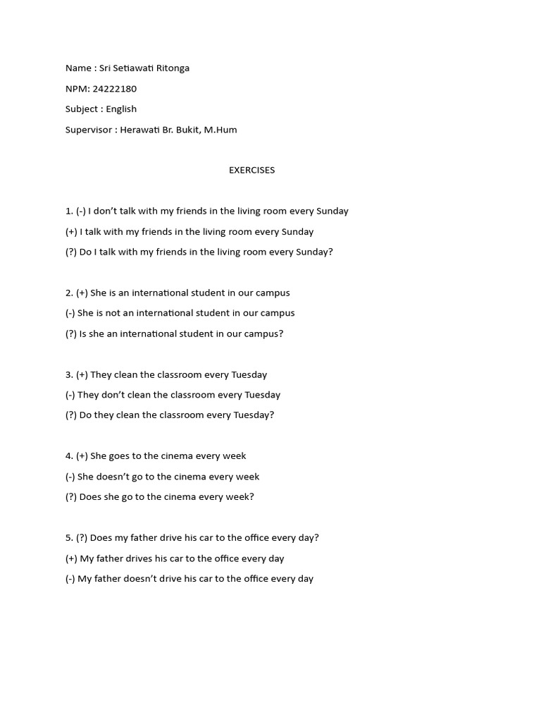 Tugas Ke 6 - Simple Present Tense Exercises - Sri Setiawati Ritonga - 24222180 | PDF