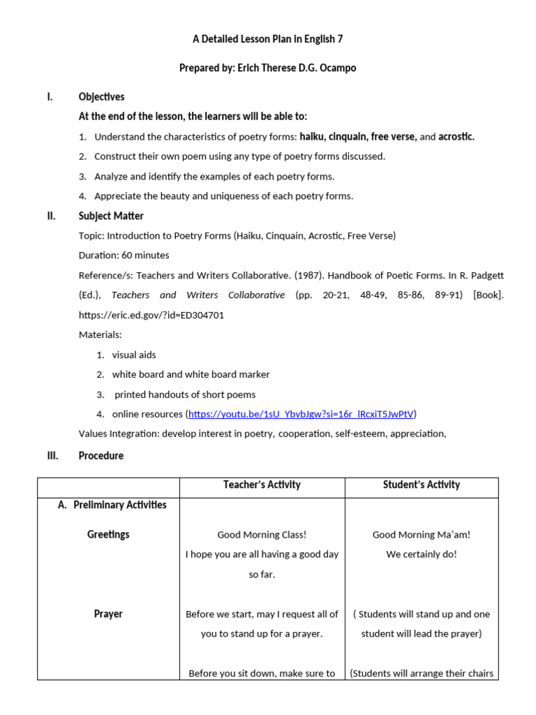 A Detailed Lesson Plan in English 7 | PDF | Poetry | Rhyme