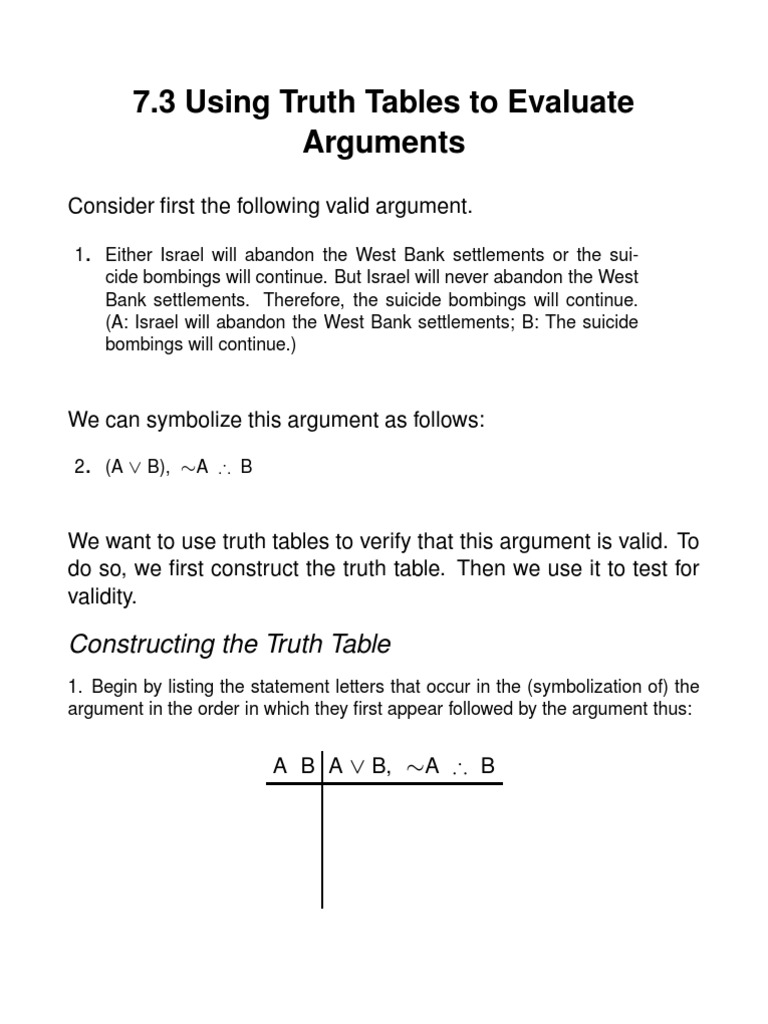 7.3 Using Truth Tables To Evaluate Arguments: Constructing The Truth ...