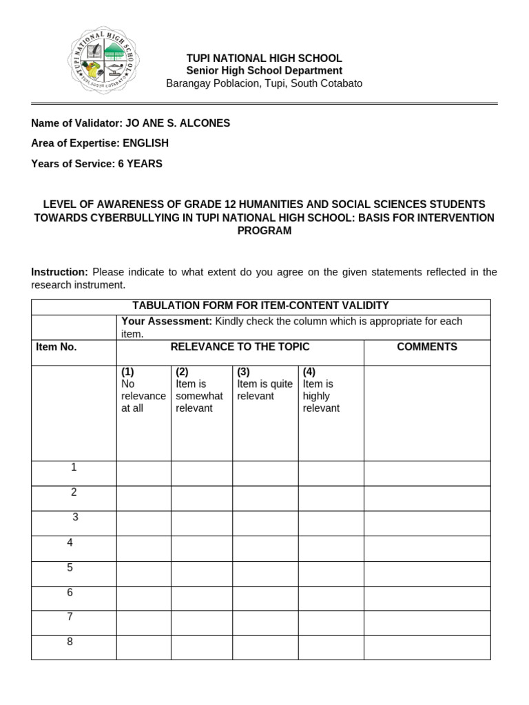 Cyberbullying Awareness In Tupi High School Pdf