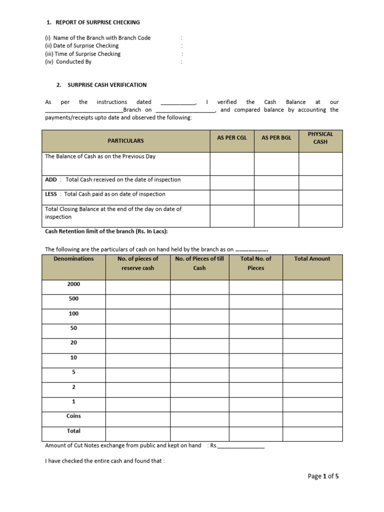 Surprise Cash Verification Report | PDF | Cash | Automated Teller Machine