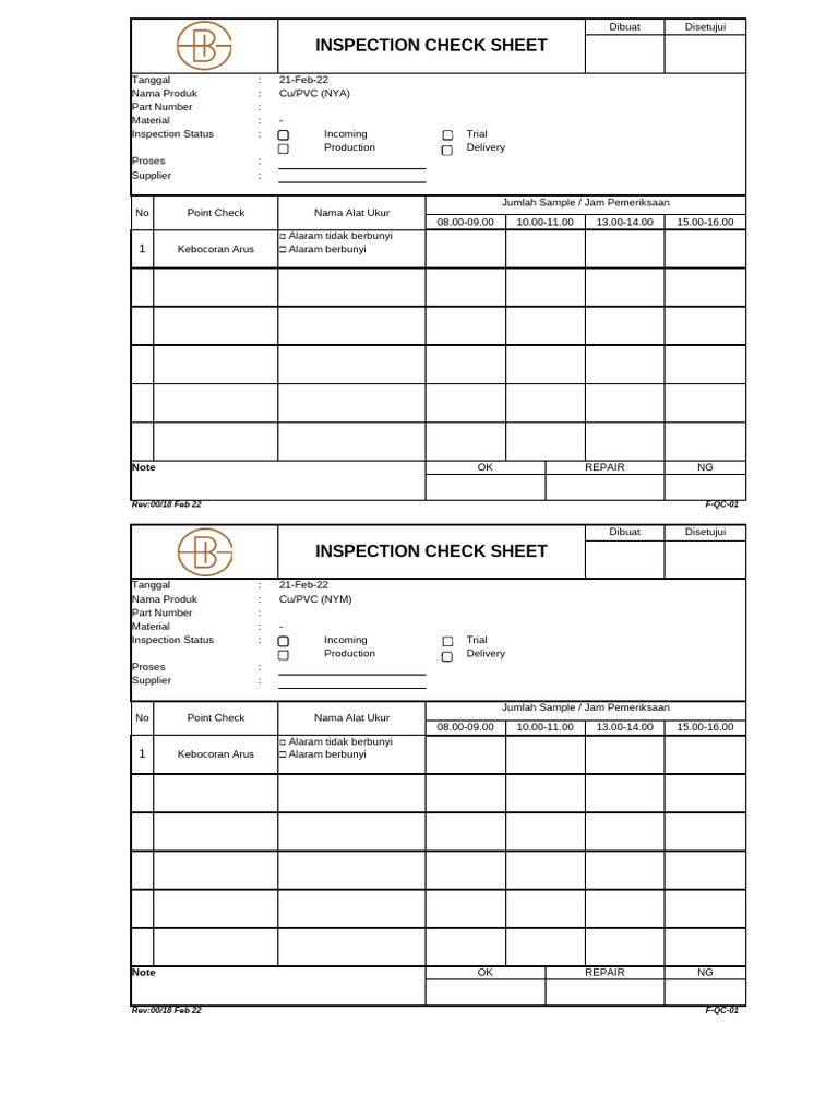 F-QC-01-00 Inspection Check Sheet (BIG) | PDF