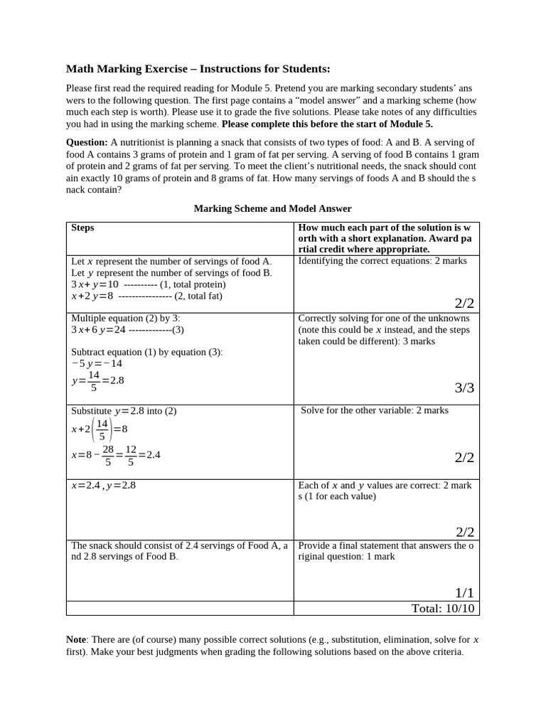 Math Marking Exercise - Student Version | PDF | Equations | Foods