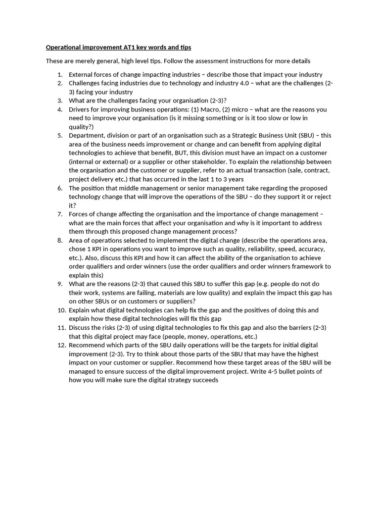 Operational Improvement AT1 Key Words and Tips | PDF | Performance ...