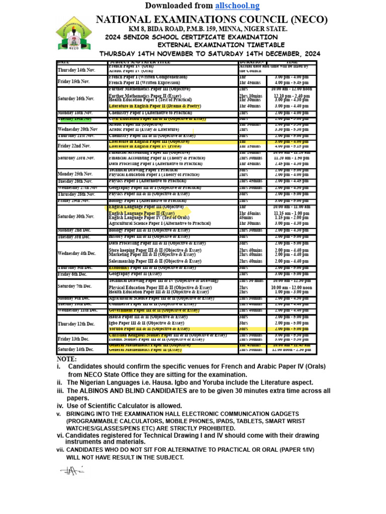 2024 Updated Ssce External Timetable | PDF