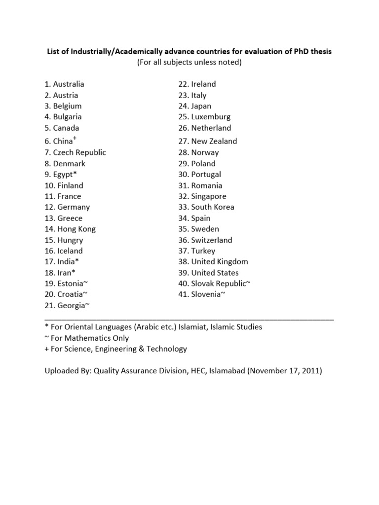 PhD Thesis Evaluation Countries List | PDF