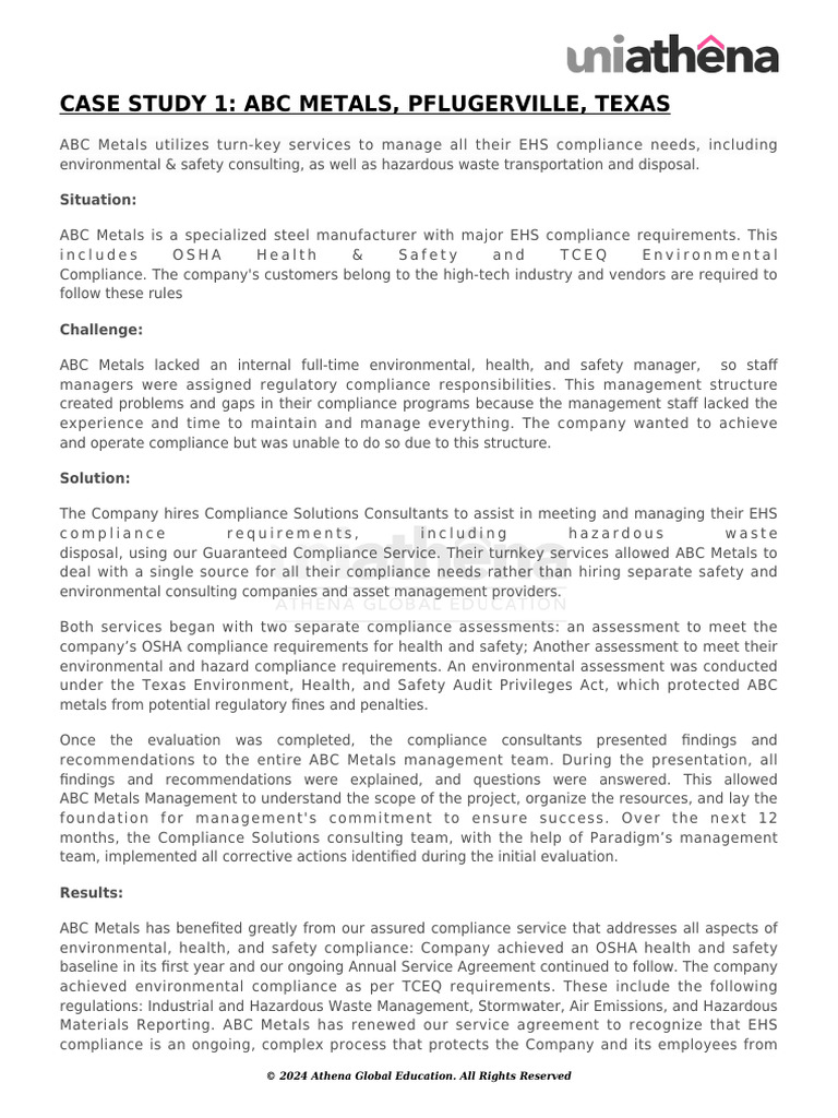EHS Compliance Success at ABC Metals | PDF | Occupational Safety And ...