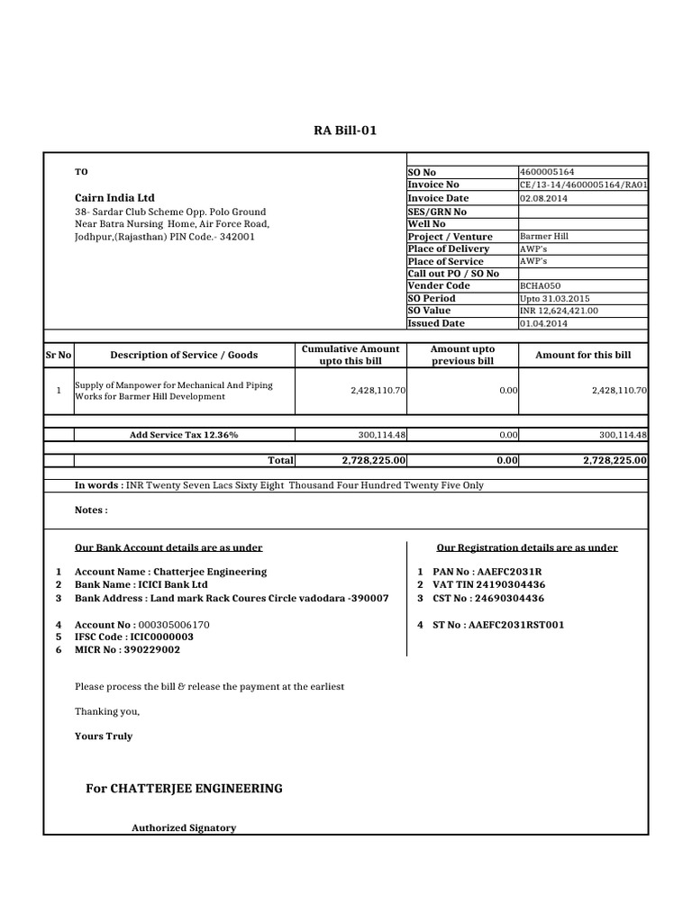 RA Bill - 01 Chatterjee Engg. (Barmer Hill - AWP's) - 4600005164 | PDF