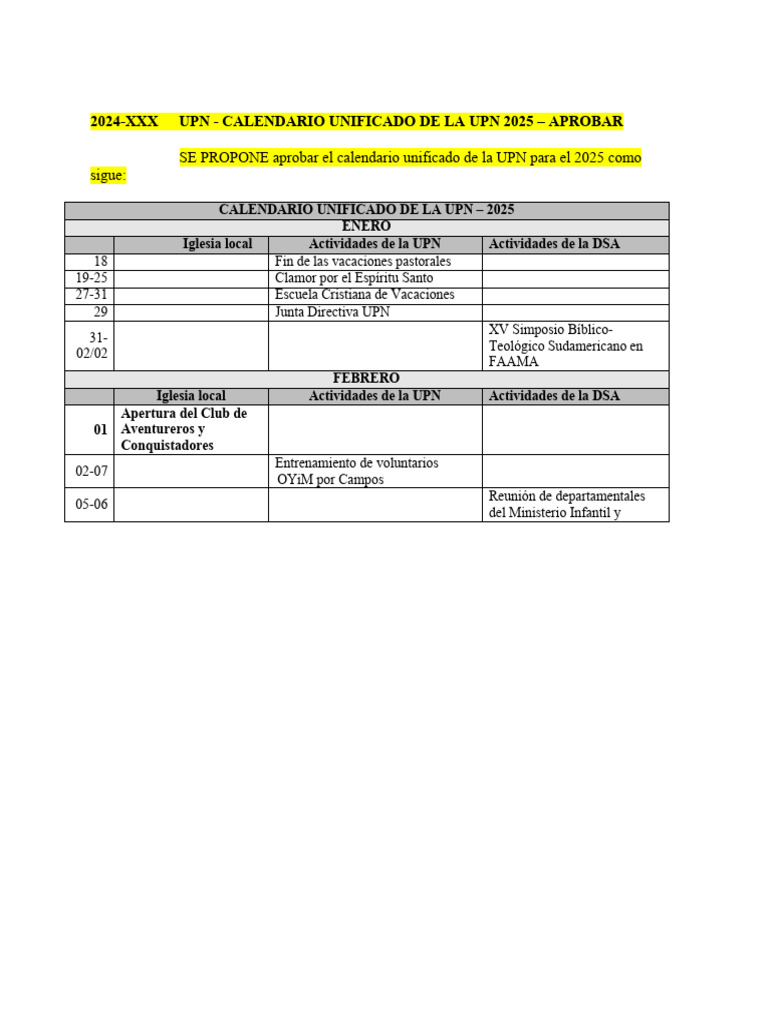 Calendario UPN 2025 | PDF | Iglesia Adventista del Séptimo Día ...