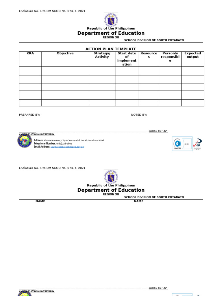 Enclosure No. 4 To DM SGOD No. 074 S. 2021 Action Plan Template | PDF