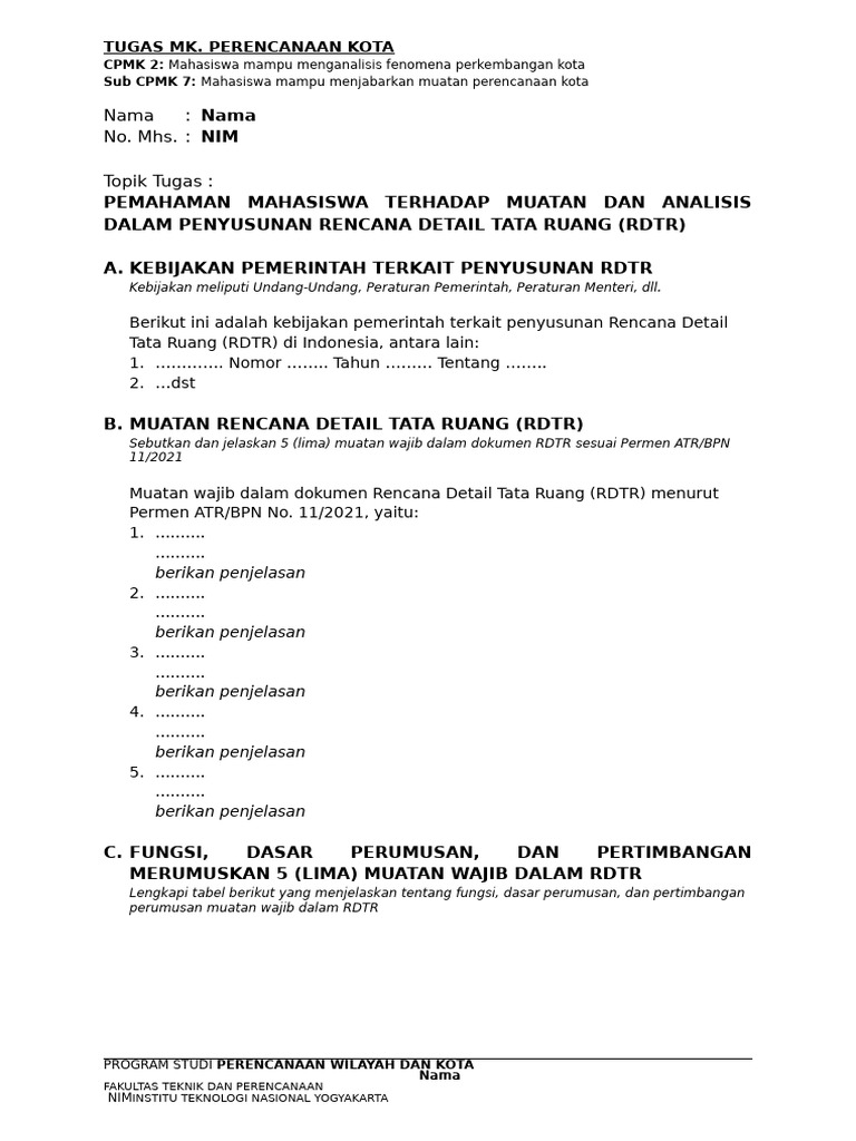 Form Tugas Mk. Perencanaan Kota | PDF