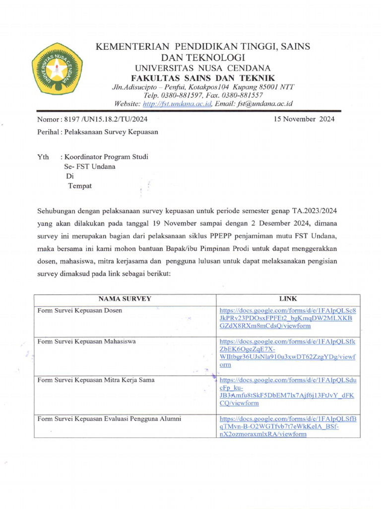 8197 Pelaksanaan Survey Kepuasan Prodi Se - FST Undana | PDF