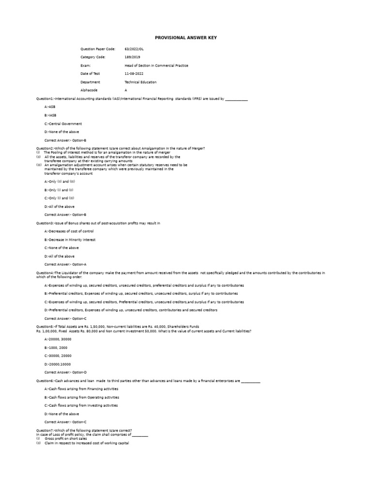 Provisional Answer Key Head of Section in Commercial Pract | PDF | Stocks | Likert Scale