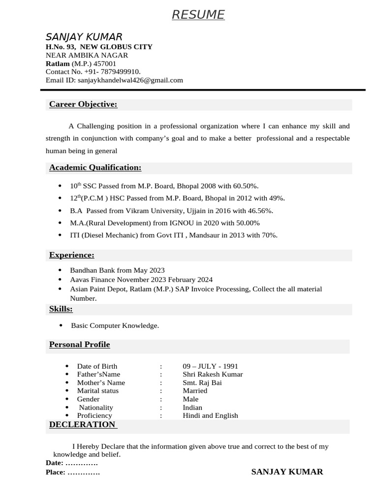 Sanjay Kumar Resume | PDF