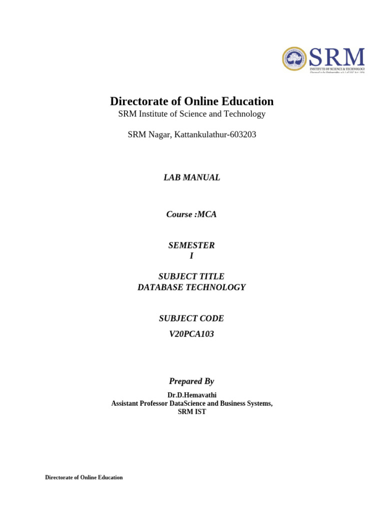 MCA Database Technology Lab Manual | PDF | Table (Database) | Data