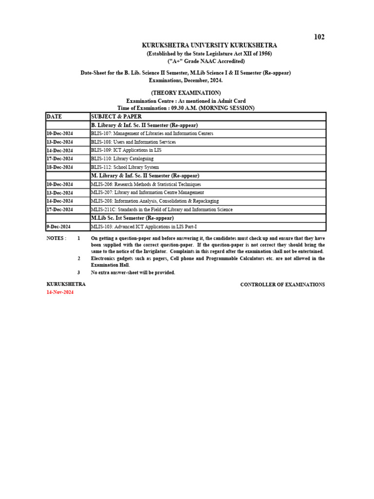 102 B. Lib. Science II Semester M.Lib Science I II Semester Re Appear 1 ...