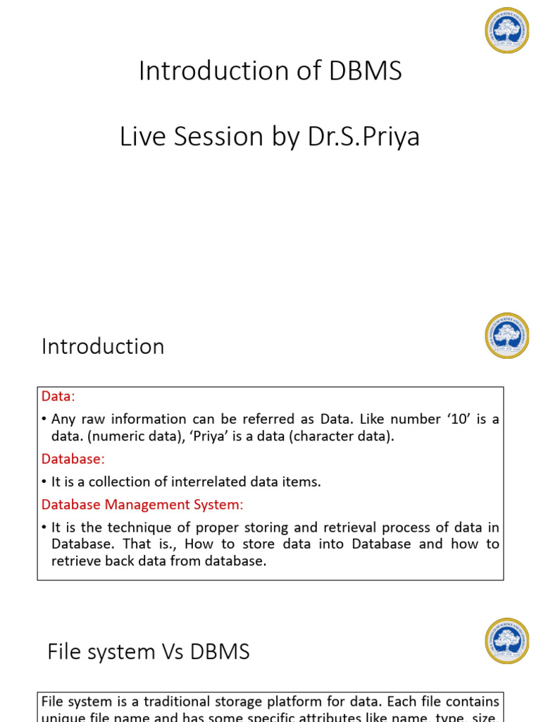 LIVE SESSION PPT - 5-9-2023 - Week-1 Introduction of DBMS | PDF | Databases | Computing