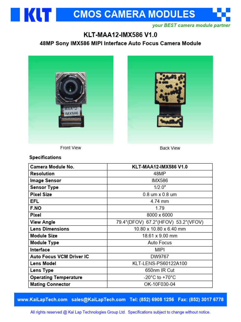 KLT-MAA12-IMX586 V1.0 48MP Sony IMX586 MIPI Interface Auto Focus Camera ...