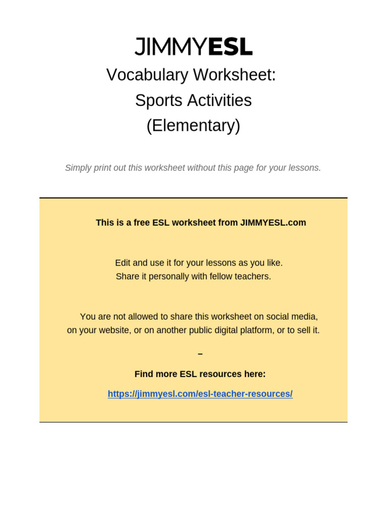Sports Action Words Vocabulary Worksheet Elementary | PDF | English As ...