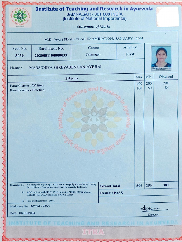 3rd Year Marksheet M.D. ITRA | PDF