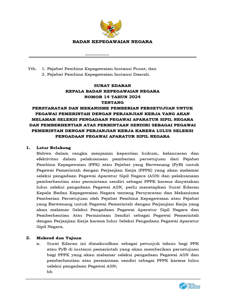 Surat Edaran BKN No. 14 Tahun 2024 | PDF