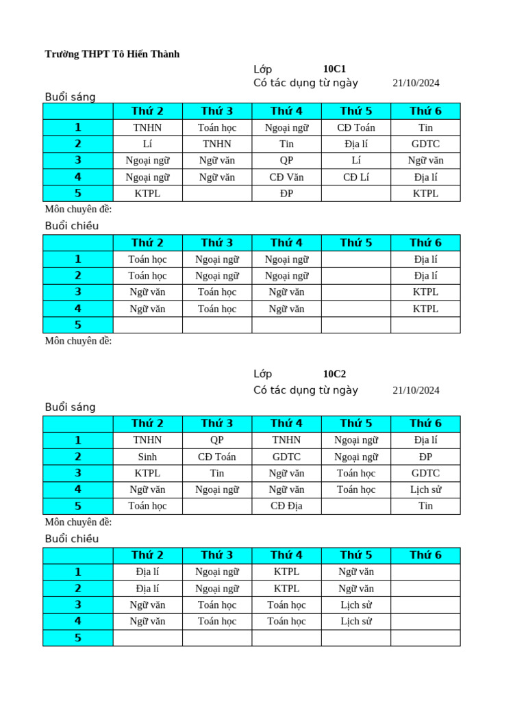 4 TKB chính khóa Học thêm 21.10.2024 | PDF
