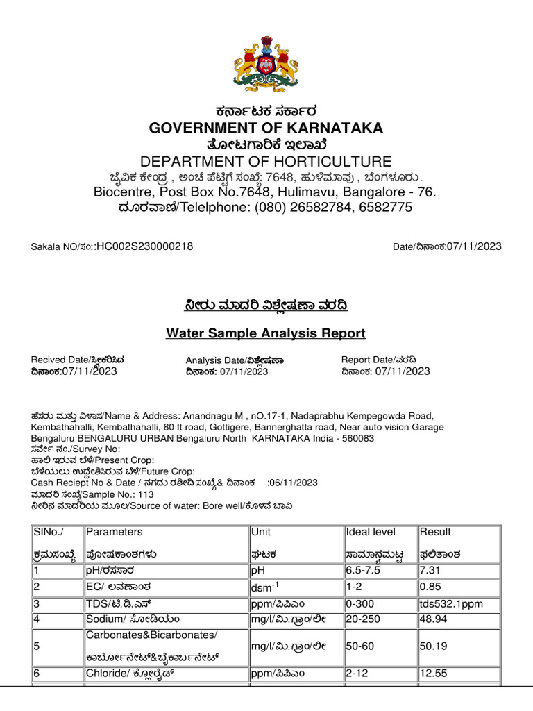 Bhoomi Farmers - Water Sample Report | PDF
