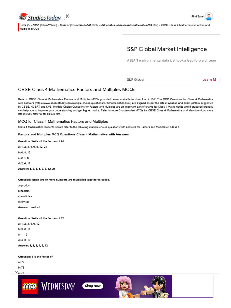 Class 4 Maths MCQs: Factors & Multiples | PDF | Multiple Choice ...