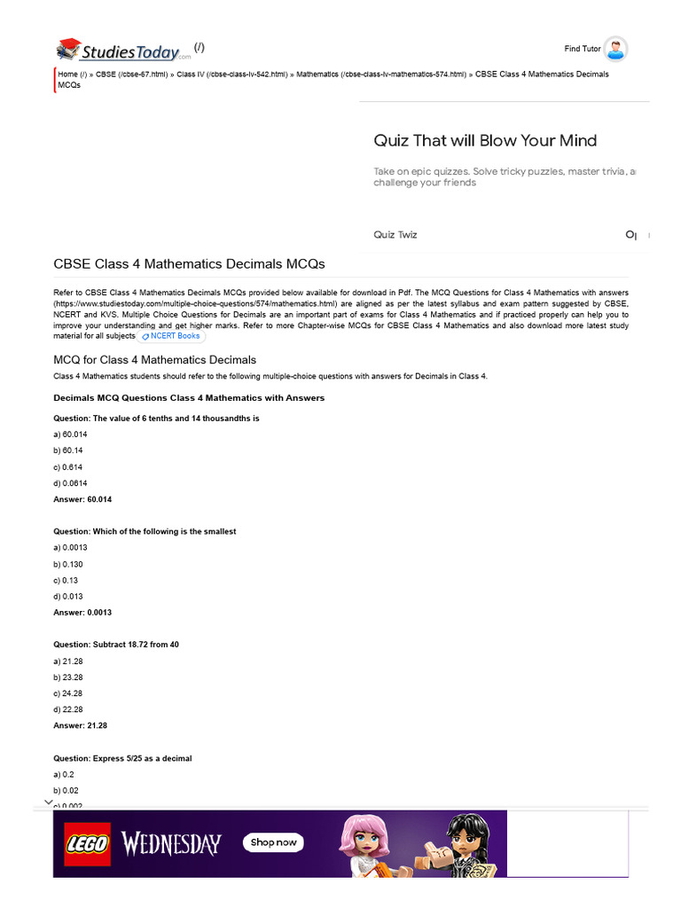 Class 4 Maths Decimals MCQs with Answers | PDF | Multiple Choice
