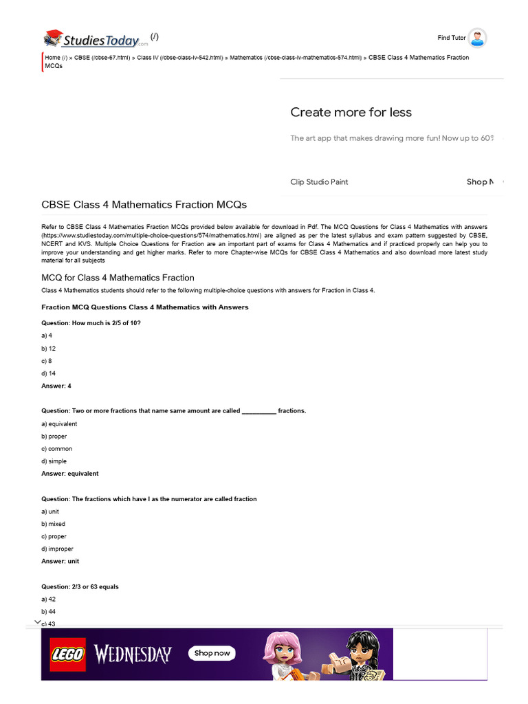 CBSE Class 4 Mathematics Fraction MCQS, Multiple Choice Questions | PDF ...