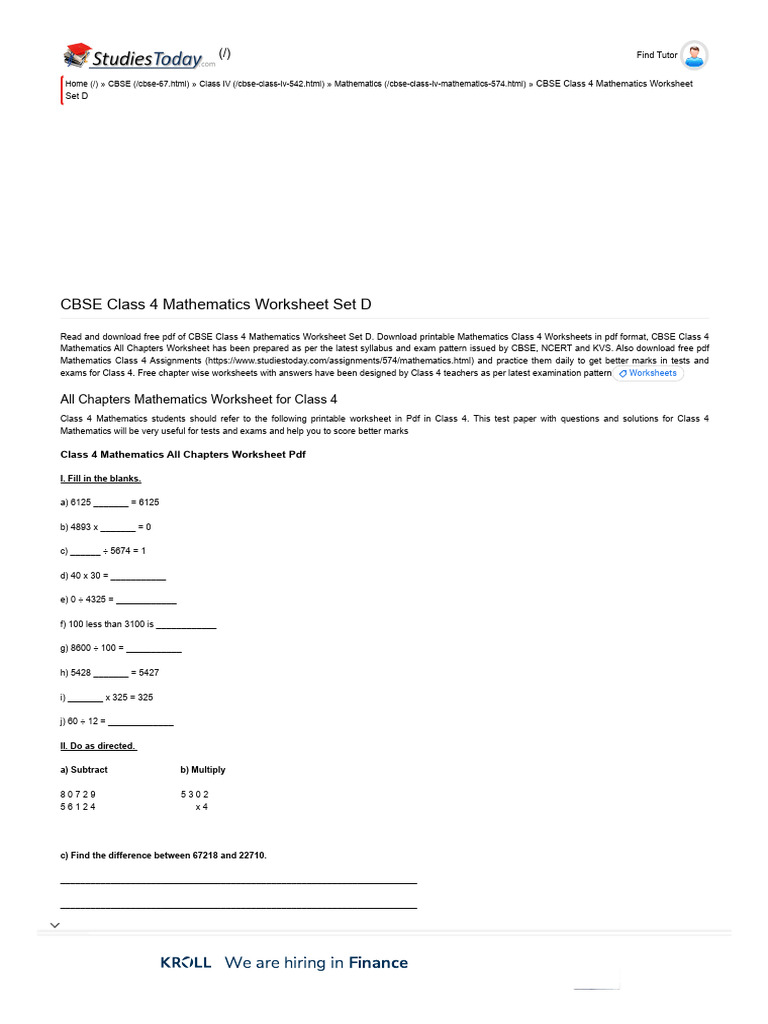CBSE Class 4 Mathematics Worksheet Set D | PDF | Multiple Choice ...