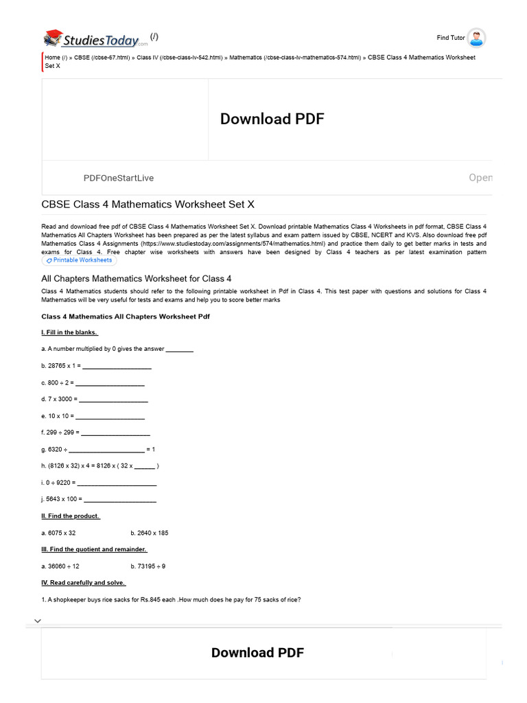 CBSE Class 4 Mathematics Worksheet Set X | PDF | Multiple Choice ...